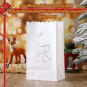 100 Pieces Christmas Luminary Bags White Paper Luminary Bags Flame Resistant Candle Bags Lantern Bags 5 Designs with Christmas Tree Snowflake Snowman Reindeer for Christmas Party Decoration