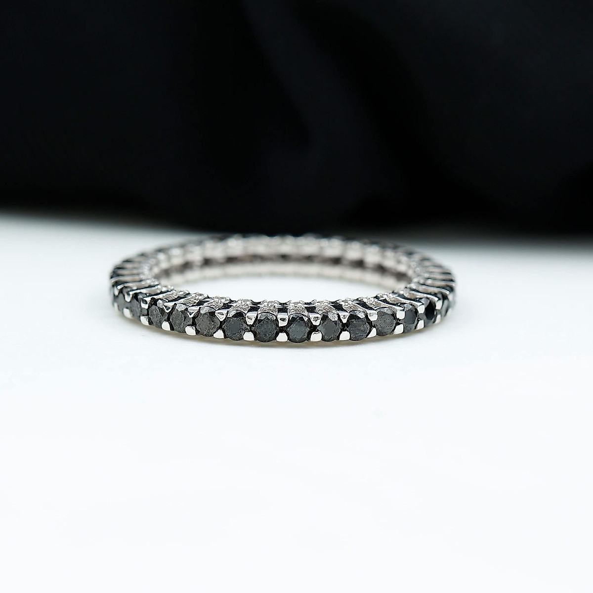Real Black Spinel Stackable Eternity Ring, Aaa Quality, Anniversary/Wedding Band for Women, 14K White Gold, Size:US 8.00