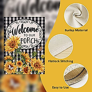 Covido Home Decorative Welcome to Our Porch Spring Sunflower Garden Flag, Summer Black White Buffalo Plaid Check Yard Outside Decoration, Autumn Farmhouse Outdoor Small Decor 12 x 18