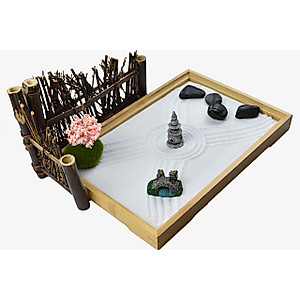 Artcome Japanese Zen Sand Garden for Desk with Rake, Stand, Rocks and Mini Furnishing Articles - Office Table Accessories, Mini Zen Sand Garden Kit - Meditation Gifts