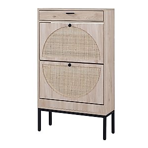 XIAO WEI Shoe Cabinet, Natural Semi Circle Rattan Shoe Storage Organizer Cabinet with 2 Flip Drawers, Freestanding Shoe Rack with Adjustable Shelf for Entryway