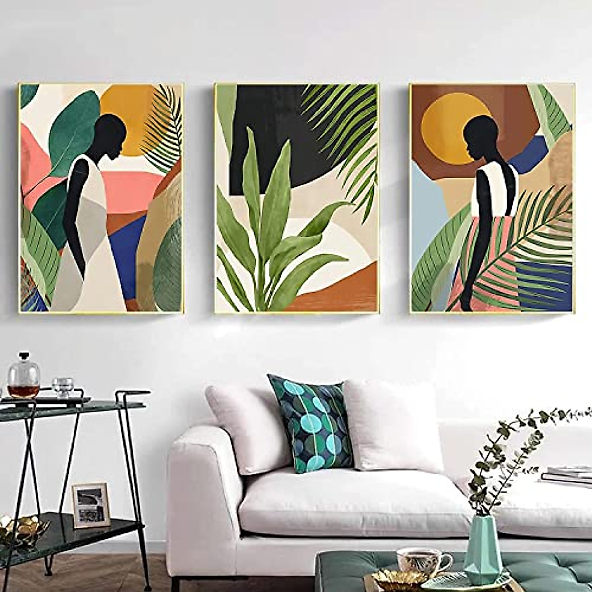 Abstract African American Wall Art Canvas Painting Black Woman and Green Plant Wall Art Pictures Set of 3 Nordic Wall Art Posters and Prints Pictures Wall for Living Room Decoration Unframed