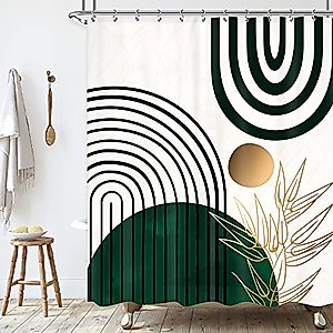 KOMLLEX Green Chic Abstract Shower Curtain for Bathroom Decor 60Wx72H Inches Boho Leaves Tropical Mid Century Simple Minimalist Fancy Modern Fabric Waterproof Polyester 12 Pack Hooks