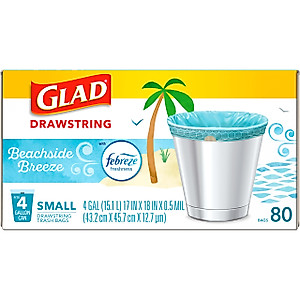 GLAD Small Drawstring Trash Bags, 4 Gallon Green Trash Bags for Small Kitchen or Office Trash Can, Beachside Breeze with Febreze Freshness to Eliminate Odors, 80 Count - Packaging May Vary