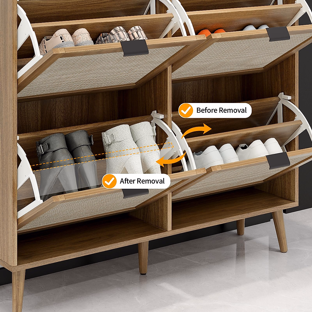 Woenei Shoe Cabinet with Flip Drawers-Modern Rattan 2-Tier Shoe Storage Organizer Cabinet,Freestanding Wood Shoe Rack with 4 Drawers for Bedroom,Mudroom,Entryway,Living Room (Walnut Brown_4 Drawers)