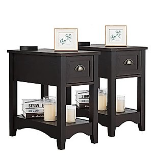 KOTEK End Table with Drawer and Open Shelf, Retro Narrow Side Table Nightstand w/Solid Wood Legs, Slim End Table for Small Space, Living Room, Bedroom, Home Office (Set of 2, Espresso)