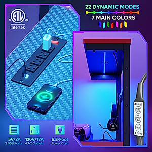 Bestier Gaming Desk with Power Outlets, 44 Inch Led Gamer Desk with 4 Tiers Reversible Shelves, PC Gaming Table with Headset Hook & Side Storage Bag for Bedroom (Black 3D Carbon Fiber)