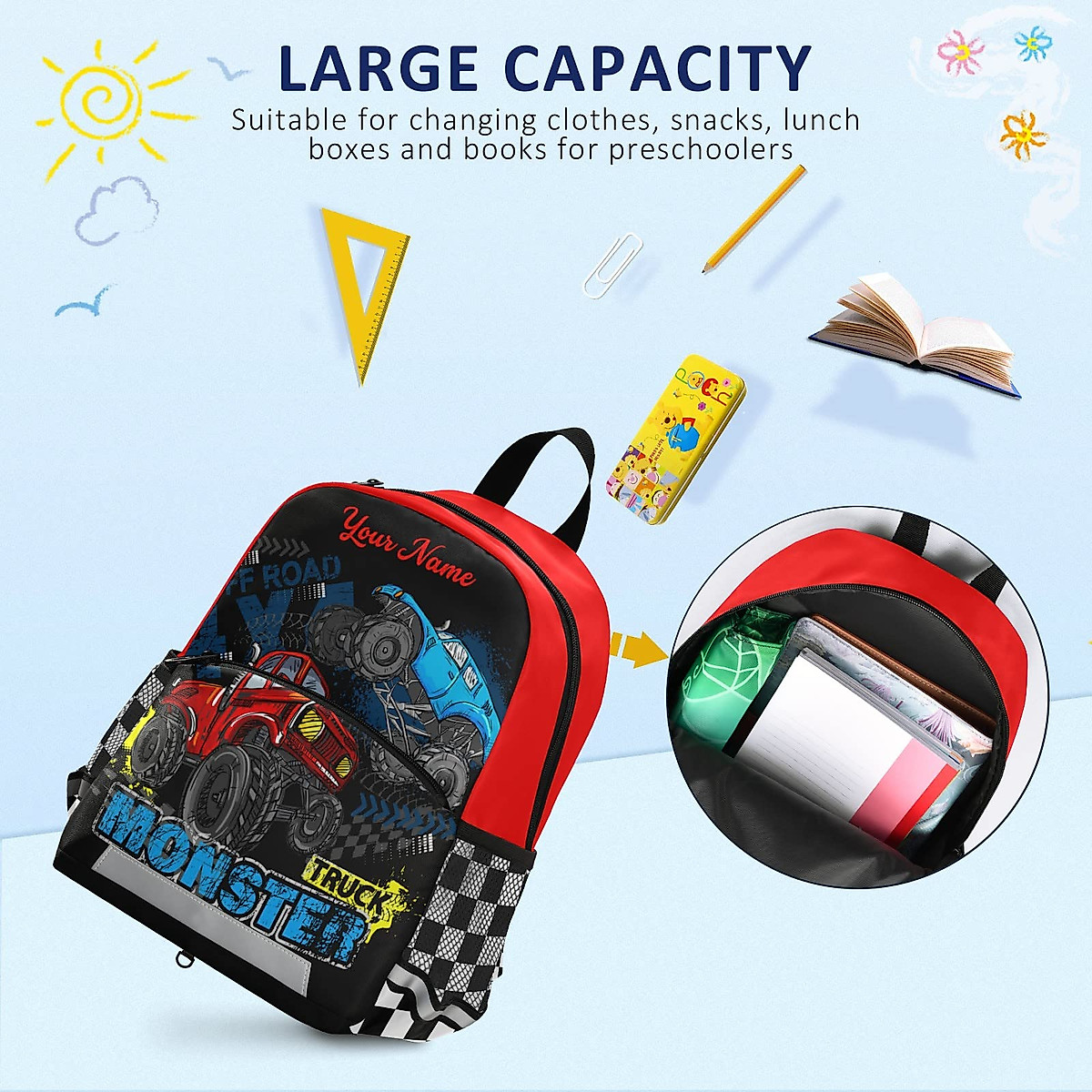 beeplus Personalized Monster Truck Backpack Kids Backpack for Boys Truck Backpack For Toddler Boys 13 Inchs