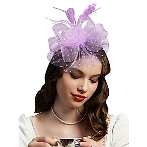 Cizoe Fascinators Hat for Women Tea Party Hat Kentucky Derby Wedding Flower Cocktail Mesh Feathers Headpiece(1-Lavender)