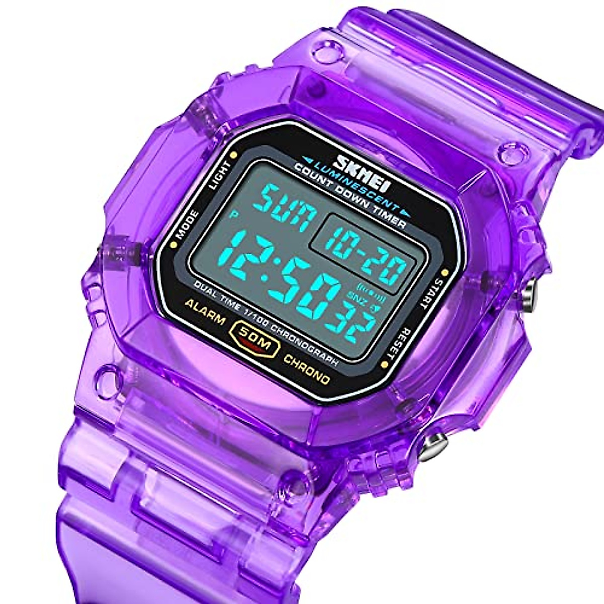 Gosasa Outdoor Sport Unisex Watches Back Light Digital Watches Transparent Multifunctional Wristwatch Casual Style Stopwatch Date 5Bar Waterproof (Purple)
