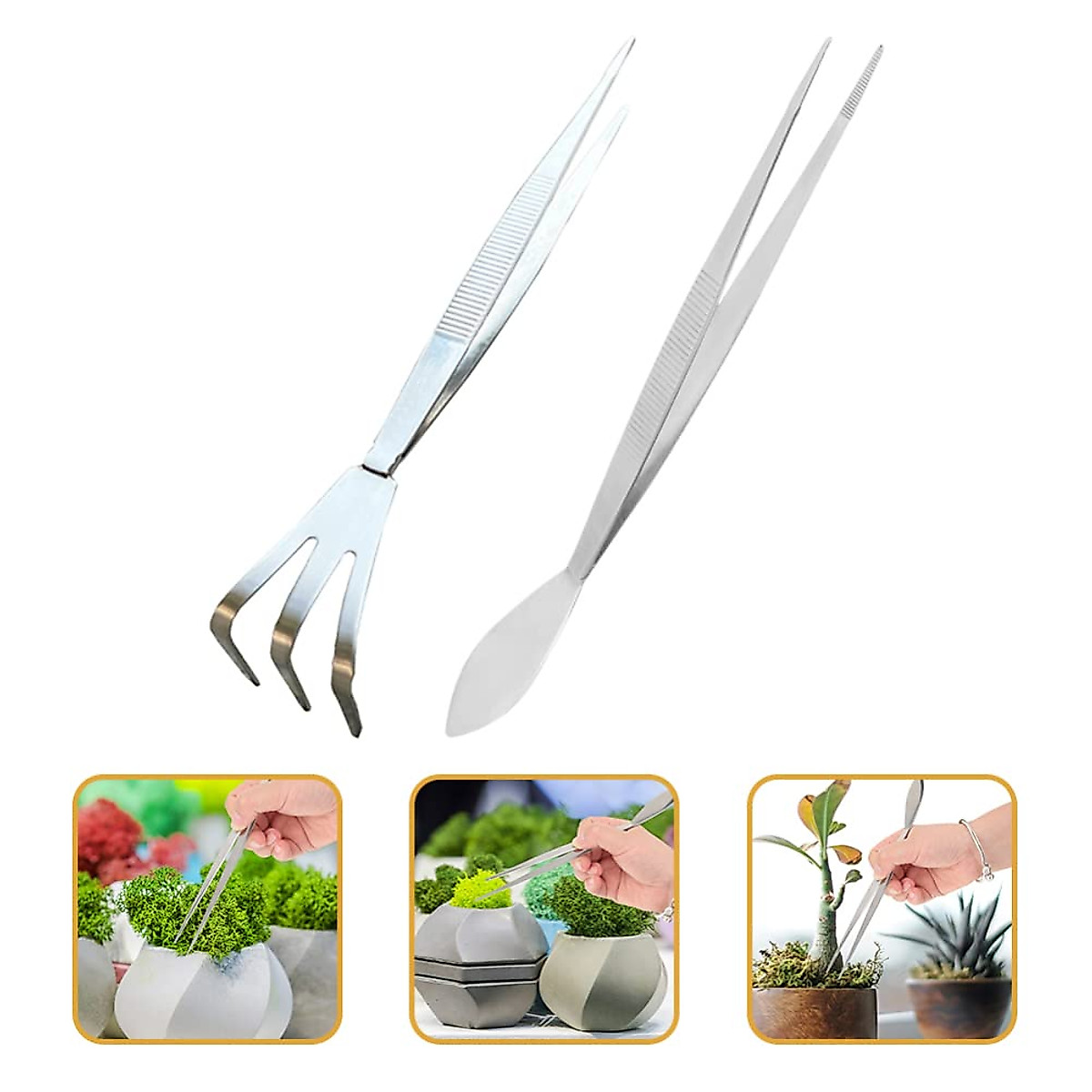 GANAZONO Stainless Steel Spatula 2pcs Bonsai Tweezers Curved Serrated Tips with Spatula Stainless Steel Japanese Professional Bonsai Tools Gardening Tool Rake Tweezers for Bonsai Planter Multitools