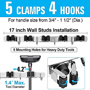 Tskcos Heavy Duty Metal Mop and Broom Holder, Rust Proof, 5 Racks, 4 Hooks, Sturdy Stainless Steel, Space Saving, Easy Installation, Multi-Functional, After-Sale Service