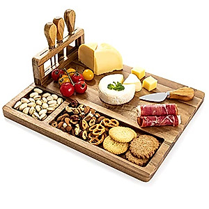 HBlife Cheese Board & Knife Set Acacia Charcuterie Board 11x14 Inch Cheese Platter with 4 Stainless Steel Knife, House Warming Gift & Perfect Choice for Christmas Thanksgiving