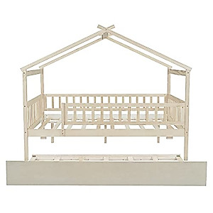 DEINPPA Full House Bed with Trundle, Kids Bed with Fence Guardrails, Wood Bed Frame, Decorative Roof Designs, No Box Spring Needed, for Boys Girls Toddler Kids-Natural