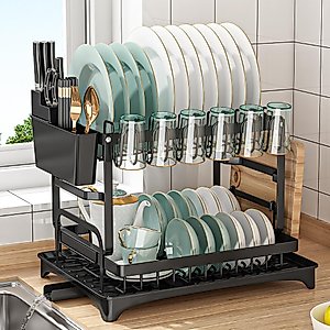 Dish Drying Rack, Multifunctional Dish Rack, Rustproof Kitchen Dish Drying Rack with Drainboard, Space-Saving 2-Tier Dish Drying Rack with Utensil Holder & Cup Holder for Kitchen Counter,Black