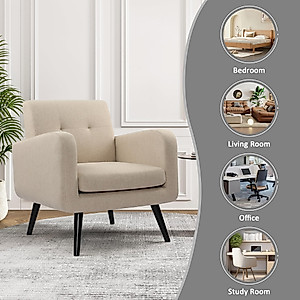 LSSPAID Modern Accent Chairs, Upholstered Fabric Cozy Armchairs, Living Room Side Chair with Solid Wood Legs, Beige