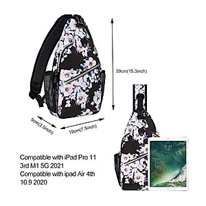 MOSISO Sling Backpack,Travel Hiking Daypack Pattern Rope Crossbody Shoulder Bag, Black Base Peachbloom