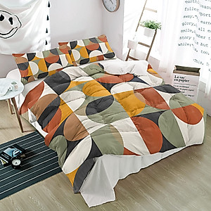 Duvet Cover Set 3 Pieces Queen Bedding Sets Mid Century Abstract Color Block Comforter Cover with Pillowcases Microfiber Bedroom Quilt Covers-Zipper Closure Nordic Style Circle Modern Art