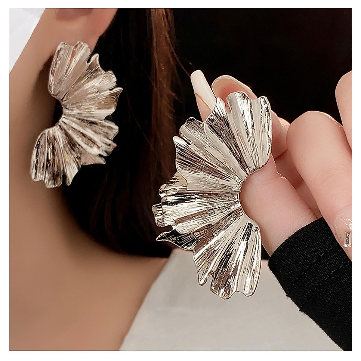 Large Geometric Dangle Earrings for Women Bohemian Ginkgo Leaf Dangling Earrings Exaggerated Metal Sectored Geometric Earrings for Women (silver)