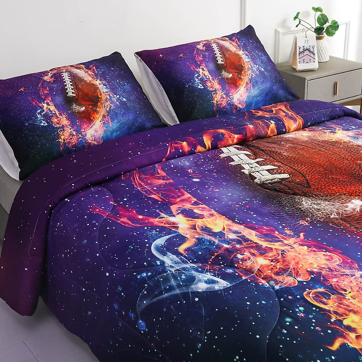 Roscloud Sports Football Rugby Comforter Sets Twin Size Bed Set- 2PC Ice Flame Galaxy Football Boys Quilt Bedspread Bedding Set（Comforter x 1 Pillowcases x 1）