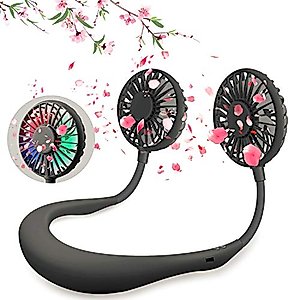 Hand Free Neck Fan, Portable Neck Fan ,2000mAh Rechargeable Battery Operated & 3 Speeds Personal Electric Wearable Fan with Colorful Led Light for Home, Office, Travel, Sport, Outdoor（Black）