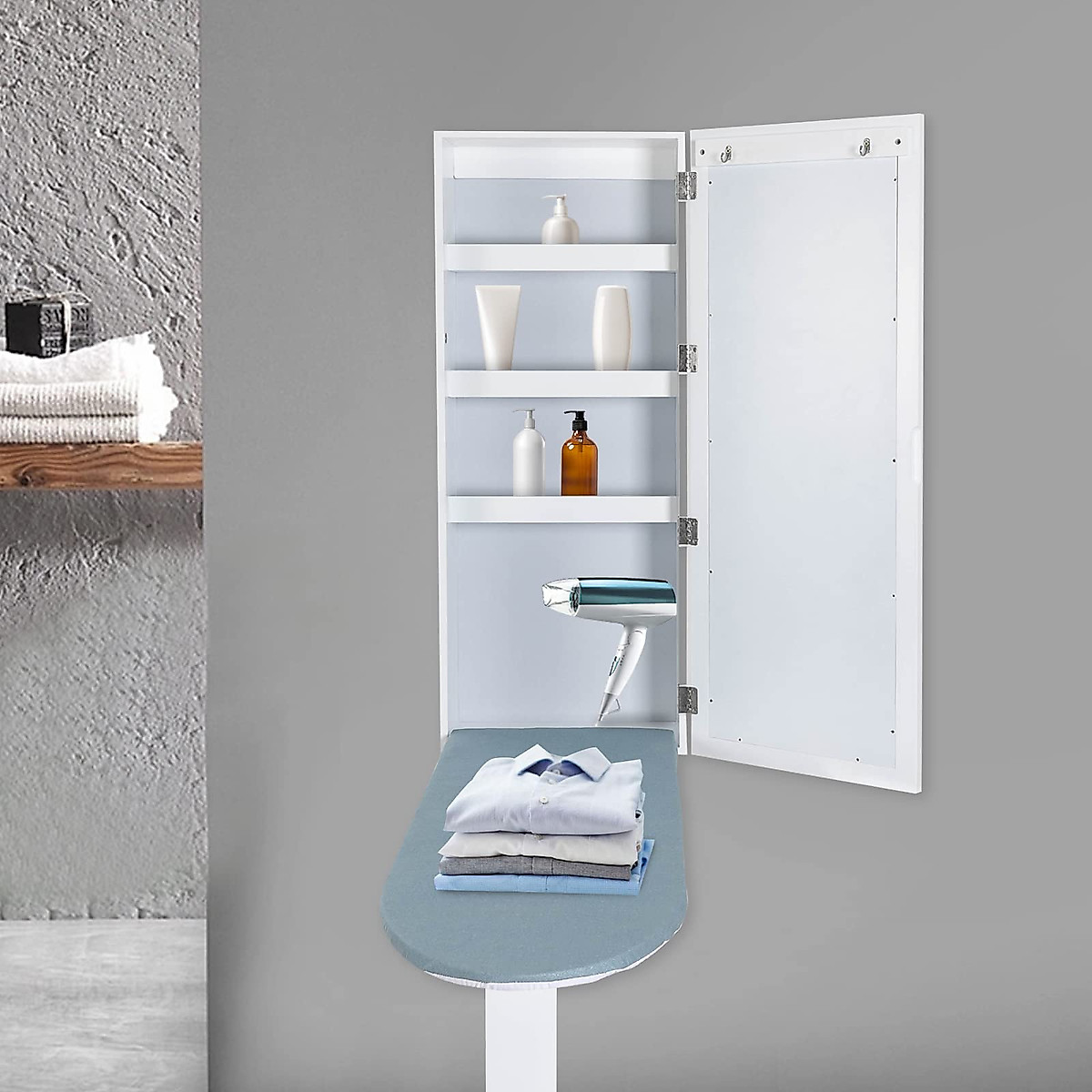 Wall Mounted Ironing Board with Storage Cabinet, Built in Ironing Board & Folding Support Leg, Wall-Mounted Mirrors for Home, Apartment & Small Spaces