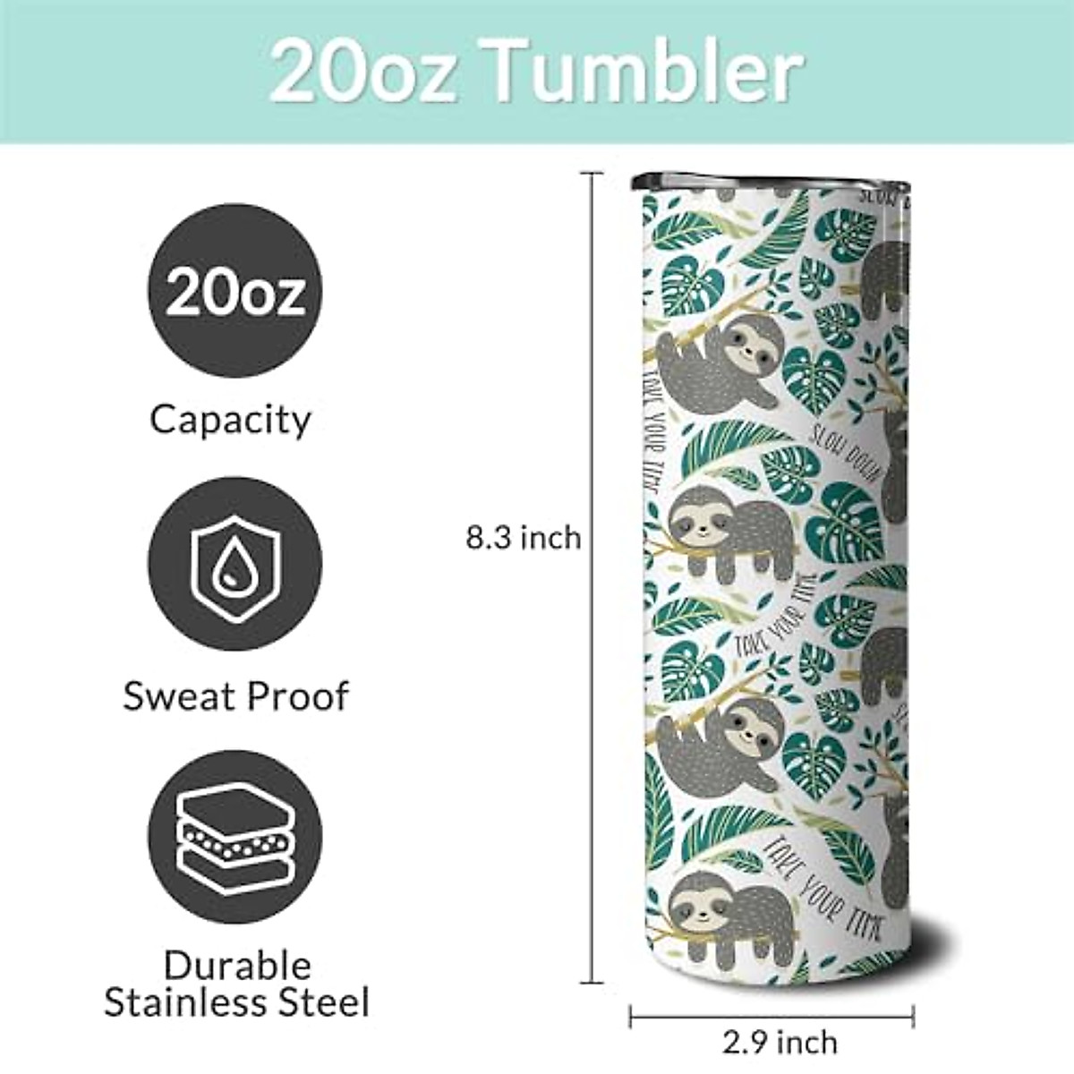 20 oz Sloth Skinny Tumblers with Lid and Straw, Sloth Stainless Steel Vacuum Insulated Travel Coffee Mug Cup Water Bottle, Sloth Decor Stuff Accessories, Gifts for Women Girls Sloth Lover