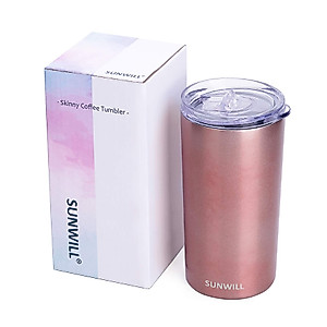 SUNWILL 12oz Tumbler with Lid, Insulated Coffee Travel Mug, Skinny Tumbler Lowball, Double Wall Stainless Steel Coffee Cup for Tea and Beverage, Rose Gold
