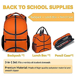 XaocNyx Basketball Backpack with Lunch Box and Pencil Case Set, 3 in 1 Matching Boys Orange Backpacks Combo, Cool Bookbag and Pencil Case Bundle