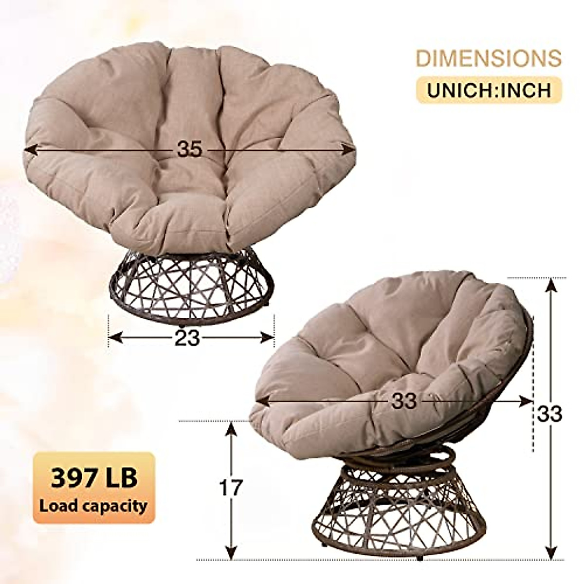 Papasan Chair Patio Lounge Chairs Egg Chair Round Circle Ratten Chair 360-Degree Swivel Papasan Chair with Cushion and Metal Frame for Indoor Outdoor Living Room Bedroom Apartment,Tan