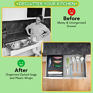 Ziplock Storage Organizer 6in1 Foil and Plastic Wrap Dispenser with Cutter Ziplock Bamboo Bag Storage Organizer for Kitchen Drawer Ziplock Organizer Suitable for Gallon, Quart, Sandwich, Snack