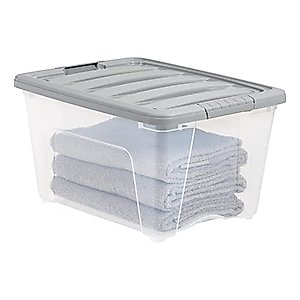 Amazon Basics 32 Quart Stackable Plastic Storage Bin with Latching Lid- Clear/ Grey- Pack of 6
