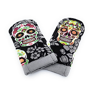 Sugar Skull Themed Pot Handle Holder Set of 2 Pair Cast Iron Skillet Pan Mitt Día de Muertos Kitchen Linens Day of the Dead Quilted Hot Pads Insulated Trivets Handmade