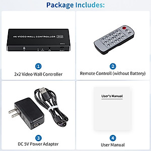 4K HDMI Video Wall Controller 2x2, LUKFOCAB Video Wall Processor with 8 Splicing Modes, 180° Rotate, 3.5mm Audio Extractor, IR Remote, 4 TV Screen into 1 Wall Display 2x2, 1x2, 1x3, 1x4, 2x1, 3x1, 4x1