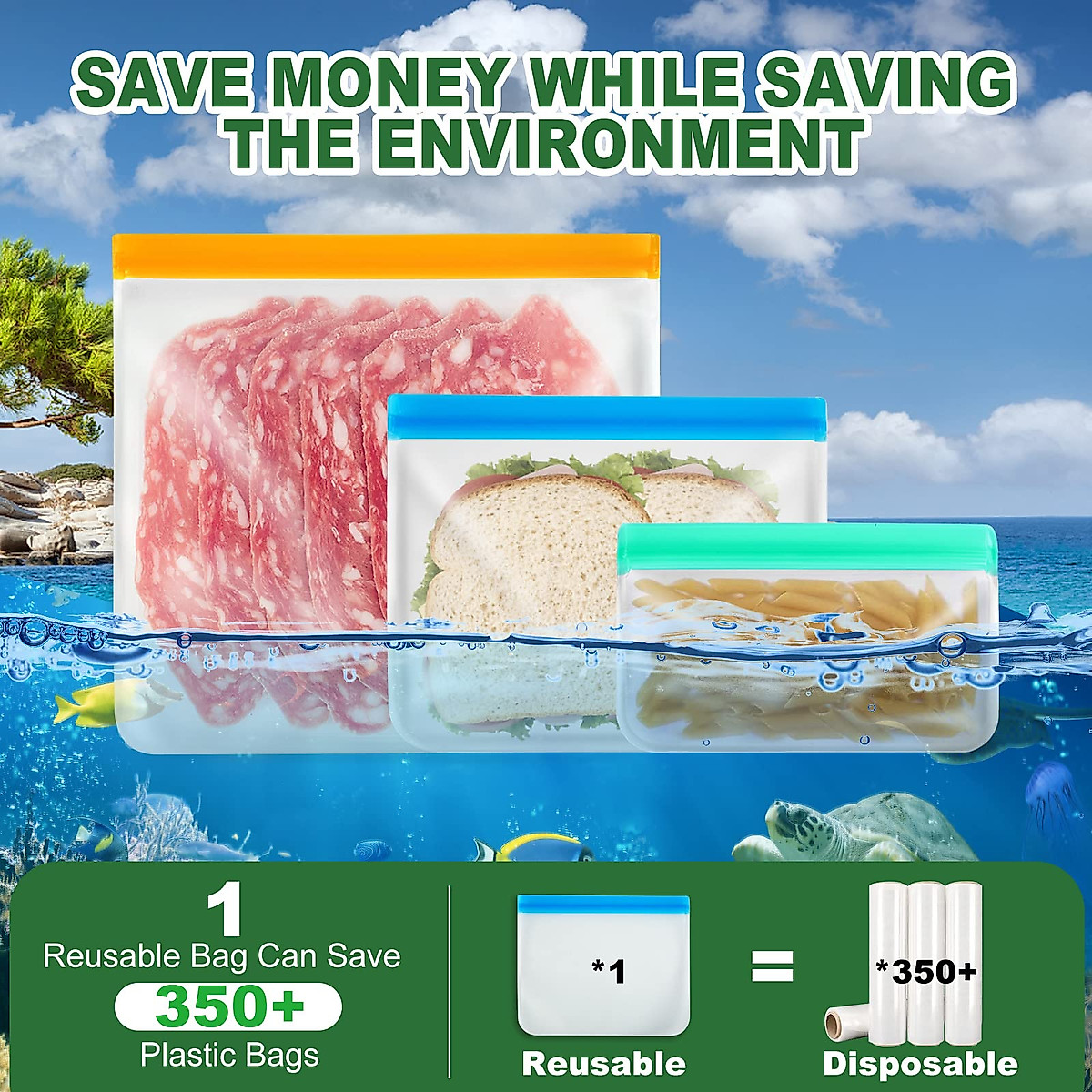 14 Pack Reusable Ziplock Bags Silicone Bags, 2 Large Food Storage Bags 2 Gallon Freezer Bags 4 Sandwich Bags Zip Lock 6 Snack Bags for Kids, Lunch Home Kitchen Fridge Organization Meal Prep Containers