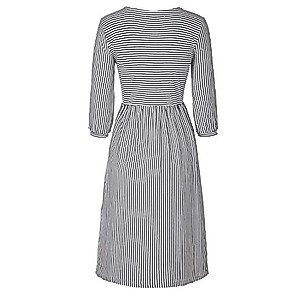 MEROKEETY Women's 3/4 Balloon Sleeve Striped High Waist T Shirt Midi Dress