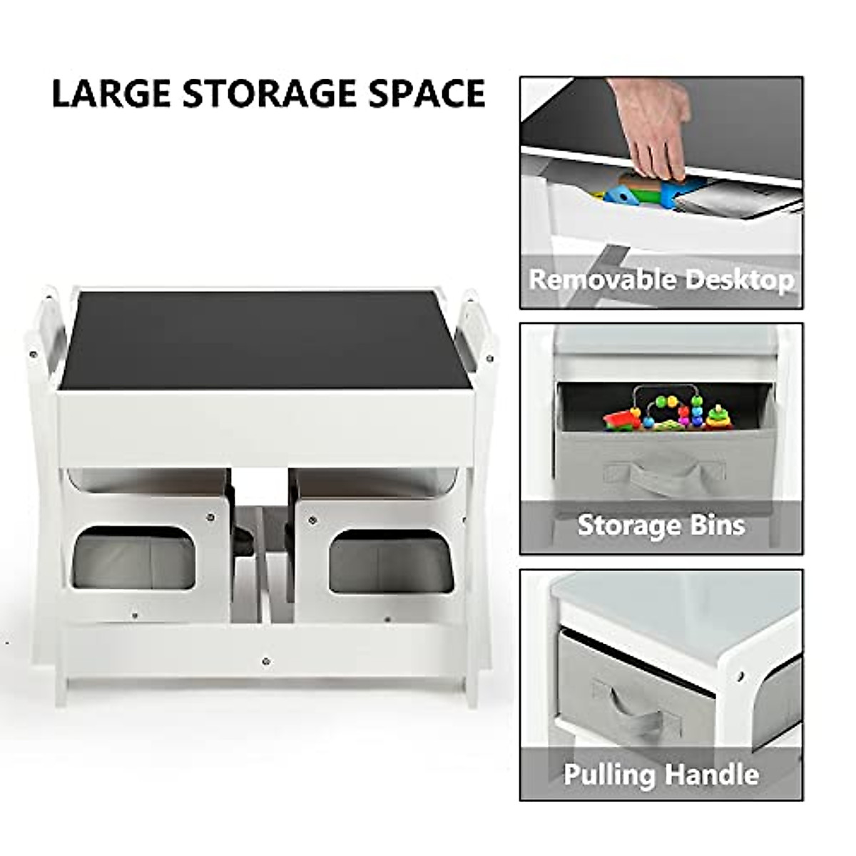 Kinder King Kids Wood Table & 2 Chairs Set, 3 in 1 Children Activity Table w/Storage, Removable Tabletop, Blackboard, 3-Piece Toddler Furniture Set for Art, Crafts, Drawing, Reading, Playroom, Grey