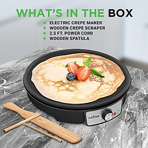 Electric Crepe Maker Pan & Griddle - 12 Inch Nonstick Cooktop - LED Indicators & Adjustable Temperature Control - Includes Spatula, Batter Spreader - Cooks Crepes, Roti & Pancakes