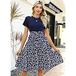 Berydress Knee Length Dress for Women Summer Casual Short Sleeve Modest A-Line Belt Party Work Dress with Pockets (S, 6188-Navy Floral)