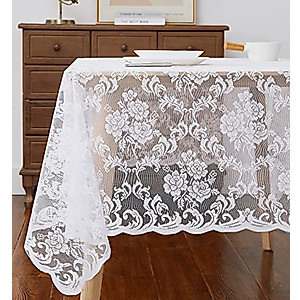 ASATEX 60 x 84 Inch White Rectangle Lace Tablecloth. Classic Stylish Floral Pattern is Ideal Choice for Any Luxury Dining Room, Birthday, Wedding or Holiday Celebration. MIT White 84"