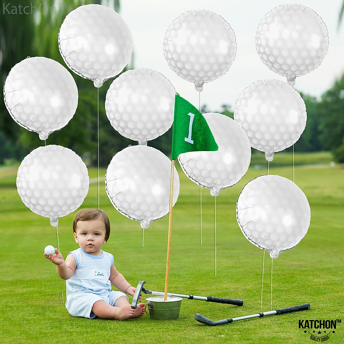KatchOn, 10 Pcs Golf Balloons for Birthday Party - 18 Inch | Foil Golf Ball Balloons for Golf Party Decorations, Hole In One Birthday Decorations | Golf Party Supplies, Golf Birthday Party Decorations