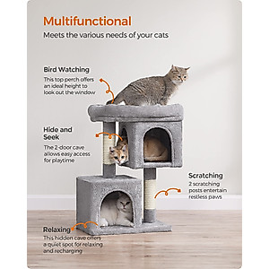 Feandrea Cat Tree, 29.1-Inch Cat Tower, M, Cat Condo for Medium Cats up to 11 lb, Large Cat Perch, 2 Cat Caves, Scratching Post, Light Gray UPCT612W01