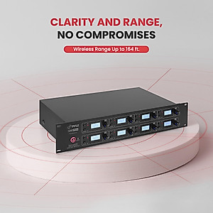 Pyle Professional 8 Channel UHF Wireless Microphone System 8 Handheld Mics Rack Mount Receiver Base RF & AF Radio/Audio Frequency Digital Display Independent Channel Volume Control (PDWM8250),Black