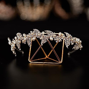 SWEETV Pearl Bridal Headband Silver Tiara for Bride Headpiece Crystal Leaf Wedding Hair Accessories Jewelry Tiaras for Women