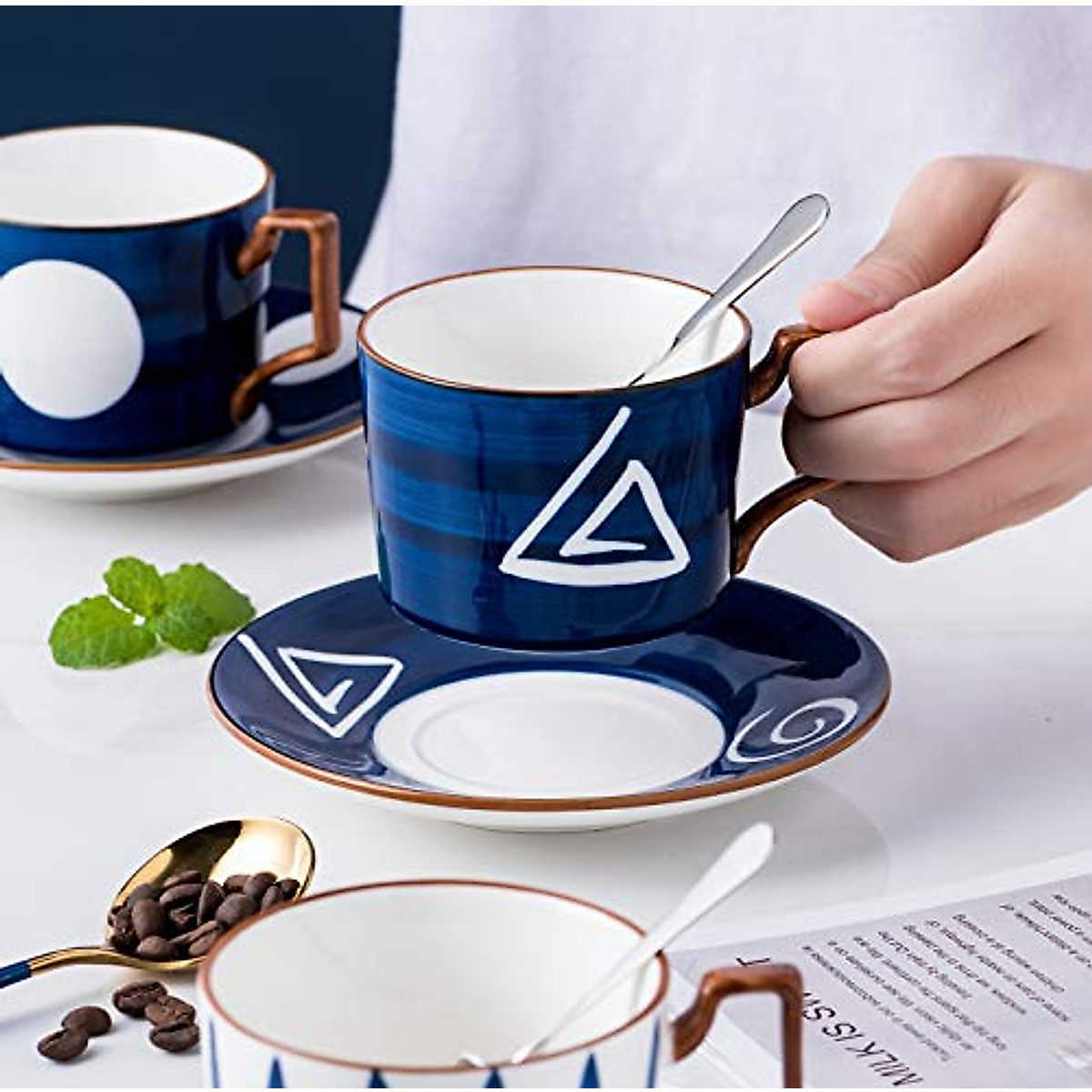 Jusalpha Japanese style hand printed- 7oz Fine China Tea Cup/Coffee Cup With Spoon and Tray/Saucer Set, Tableware, Serve of 4, TCS25