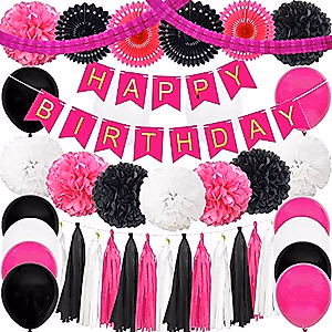 InBy 45pcs Hot Pink Black Birthday Party Decorations Kit Baby Girl Shower Women Rose Red Happy Birthday Banner 10" Tissue Paper Flower Pom Pom Paper Fan Tassel Garland 12" Latex Balloon Party Supplies