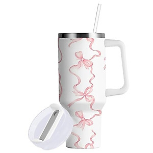 Jihqo Watercolor Bows 40 oz Stainless Steel Vacuum Insulated Tumbler with Handle and Straw Lid, Leakproof Water Bottle Double Wall Travel Mug Coffee Cup, Cupholder Friendly