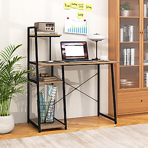 Giantex Computer Desk with Shelves, 47.5” Home Office Desk with Bookshelf, Host Stand, Metal Frame, PC Laptop Workstation, Modern Study Writing Desk for Bedroom, Small Space (Natural & Black)