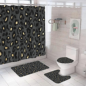 Mightree Bathroom Shower Curtains 4 PCS Sets, Waterproof Fabric Bathroom Curtain with 12 Hooks, Toilet Lid Cover and Bath Mat, Non-Slip Rug Foot Mat, Shower Curtain and Rug Set, Black, Large