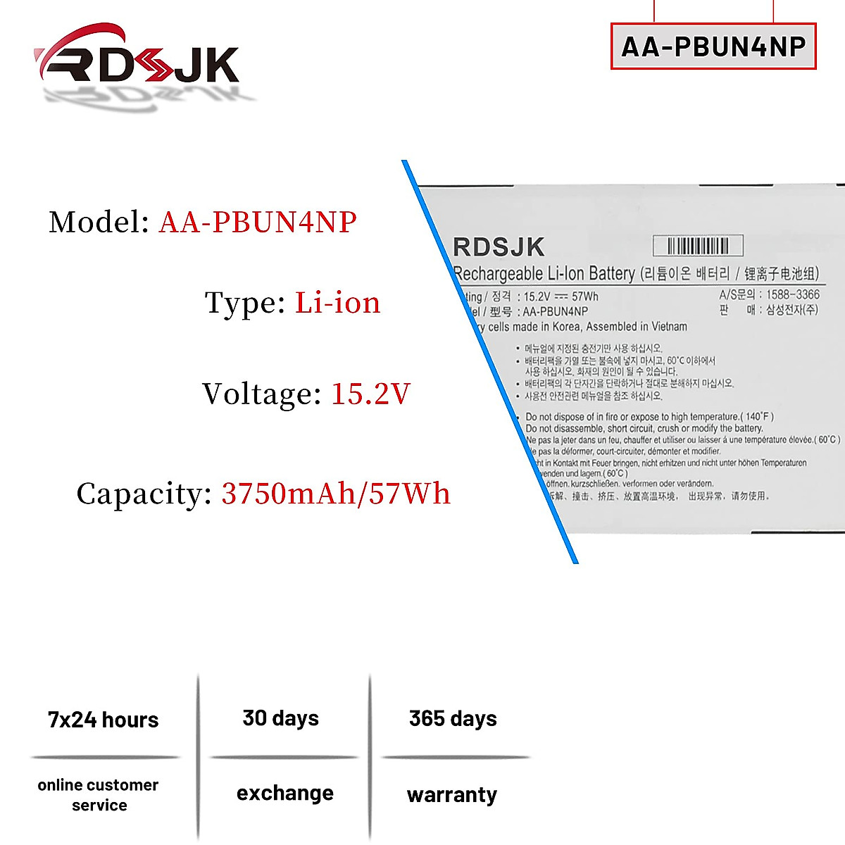 RDSJK AA-PBUN4NP PBUN4NP Laptop Battery for Samsung ATIV Book 9 Pro NP940Z5J NP940Z5L NP940Z5L-X01US NP940Z5L-X03US NP940Z5L-S03US Series AAPBUN4NP BA43-00374A 4ICP6/60/80 15.2V 57Wh